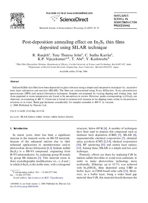 Pdf Post Deposition Annealing Effect On In2s3 Thin Films Deposited