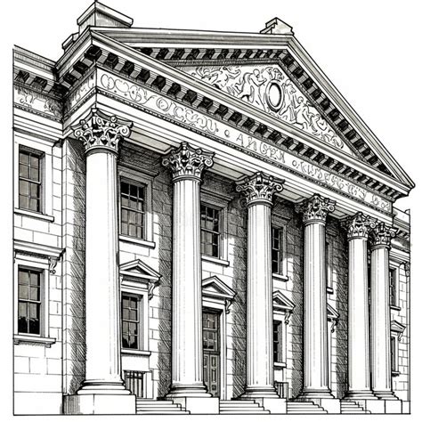 Neoclassical Architectural Style Drawing Showcasing A Grand Façade Features Six Stock