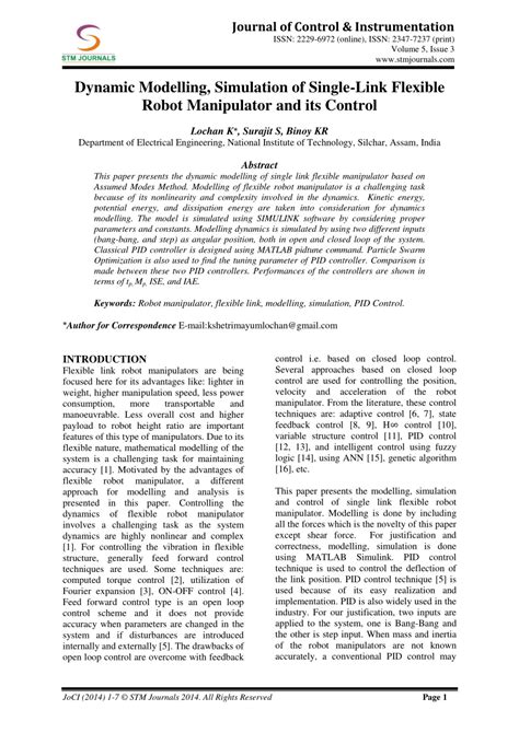 Pdf Dynamic Modelling Simulation Of Single Link Flexible Robot