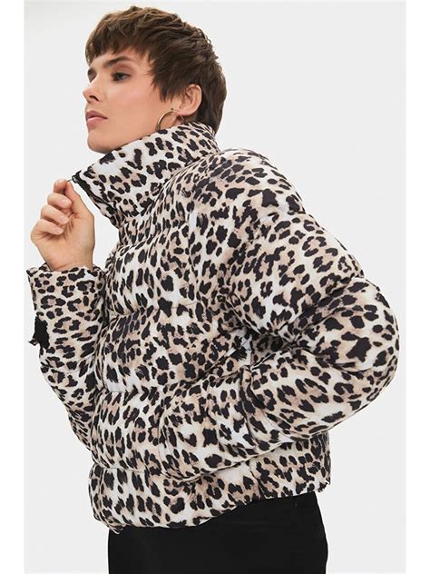 June Bej Kadın Leopar Desenli Şişme Mont S000304198 19928 Lcw