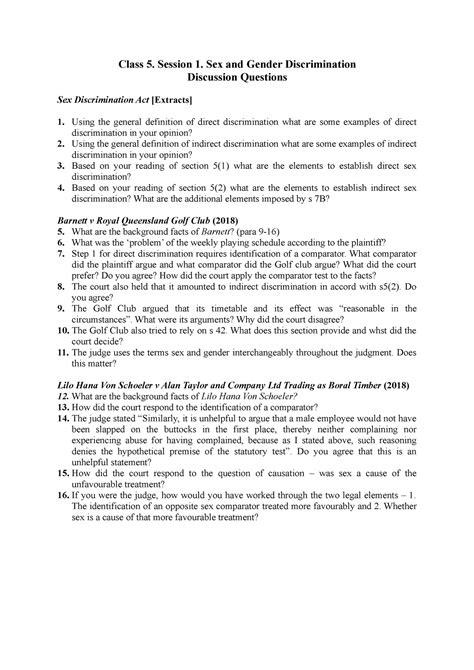 Class 5 Session 1 Sex And Gender Discrimination Discussion Questions