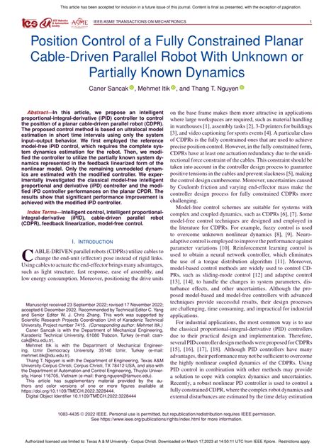 pdf position control of a fully constrained planar cable driven