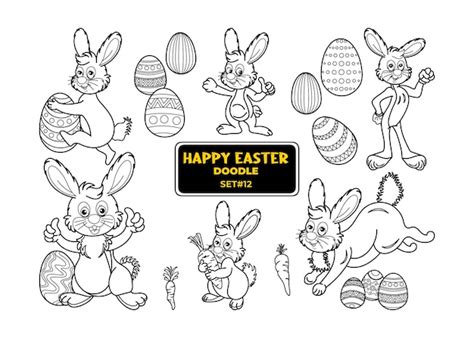 Premium Vector Hand Drawn Happy Easter Doodle Set Easter Bunny Eggs Carrot Branches In Line