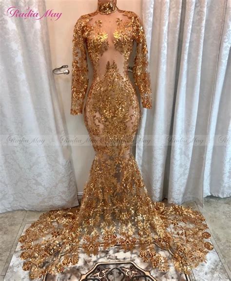 Sparkly Gold Sequins Mermaid Long Sleeves Prom Dresses Black Girls