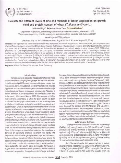 Pdf Evaluation Of Different Levels Of Zinc And Methods Of Boron Application On Growth Yield