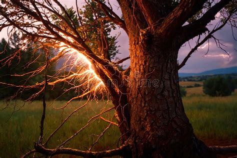 Tree Struck By Lightning In Violent Thunder Storm Stock Illustration
