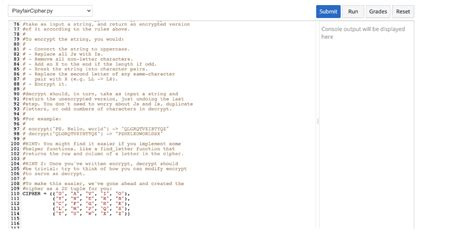 Solved Playfaircipherpy Submit Run Grades Reset Console