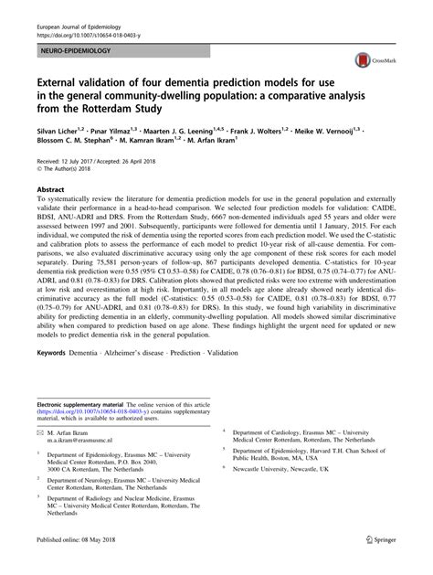 Pdf External Validation Of Four Dementia Prediction Models For Use In The General Community