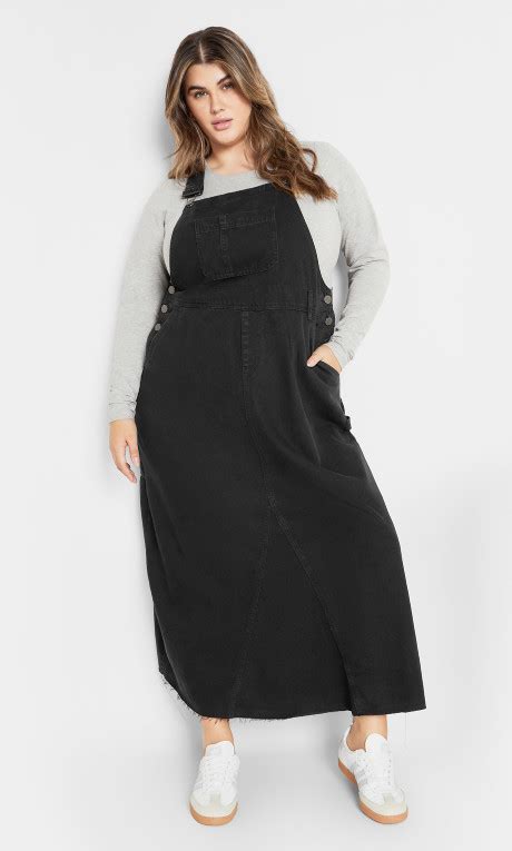 Womens Plus Size Pinafore Black Wash Maxi Dress