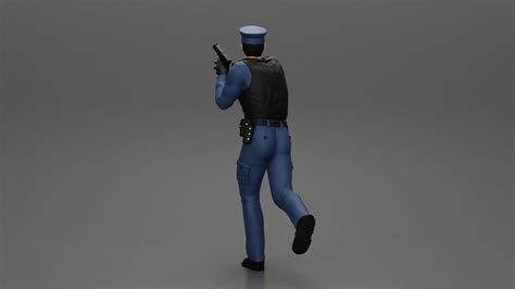 Police Officer Running Chasing Criminal On Roadway Holding A Gun 3d