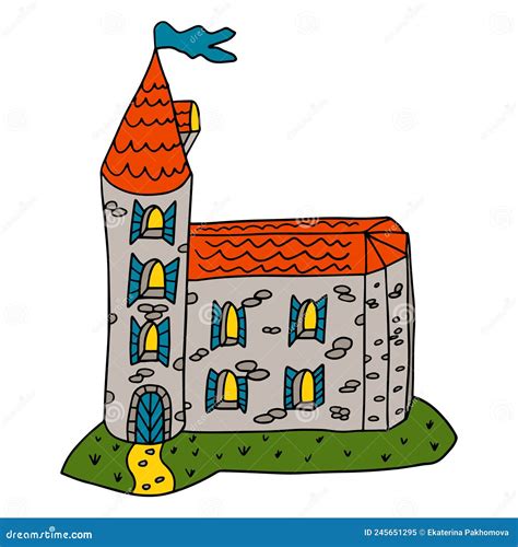 Cartoon Linear Doodle Retro Castle With Flag Isolated Stock Vector