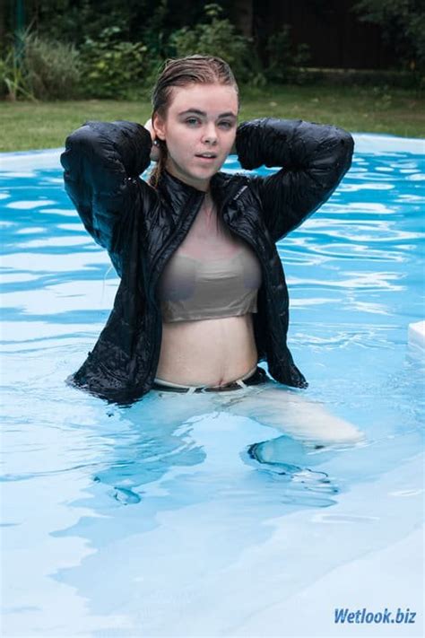 Wetlook Girl In Down Jacket Get Wet In Pool Rswimmingpool