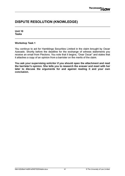 2021 Dis Ws10 Ce02 Tasks DISPUTE RESOLUTION KNOWLEDGE Unit 10 Tasks Workshop Task 1 You