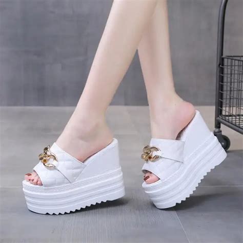 Womens White Platform Mules With Gold Chain On Luulla