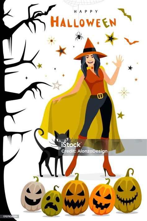 Halloween Concept A Young Beautiful Witch Halloween Poster Stock