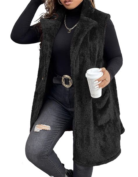 Casual Plain Lapel Neck Vest Sleeveless Black Plus Size Coats Womens