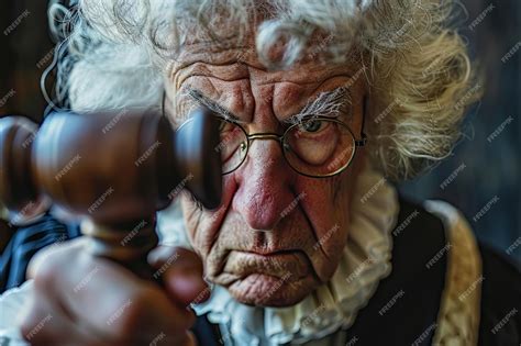 Grumpy Old Judge Face Closeup Evil Judge With Hammer And Wig Wicked Lawyer Portrait Premium Ai