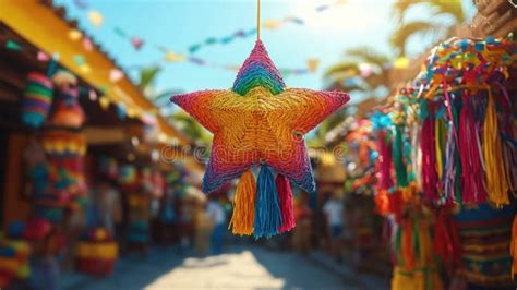 Colorful Star Shaped Pinata In Vibrant Mexican Market Cinco De Mayo