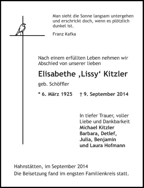 Traueranzeigen Von Elisabethe Kitzler Rz Trauerde