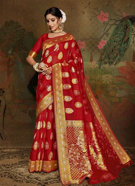 Buy Red Cotton Silk Traditional Designer Saree 184682