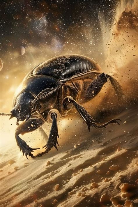 Majestic Scarab Beetle Soaring In A Golden Dust Cloud Surreal Insect