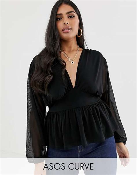 Asos Design Curve Long Sleeve Top With Balloon Mesh Sleeve Asos