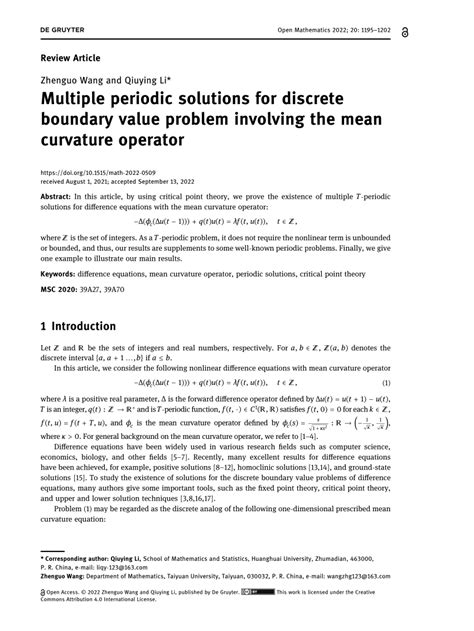 Pdf Multiple Periodic Solutions For Discrete Boundary Value Problem