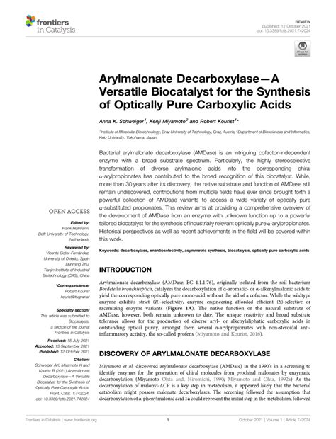 Pdf Arylmalonate Decarboxylase—a Versatile Biocatalyst For The