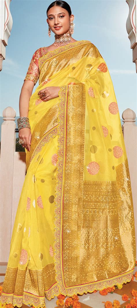 Bridal Wedding Yellow Color Organza Silk Silk Fabric Saree 1891034