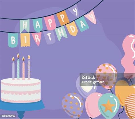 보라색 배경에 생일 케이크와 풍선 생일 화환 갈란드 장식품에 대한 스톡 벡터 아트 및 기타 이미지 갈란드 장식품 공예
