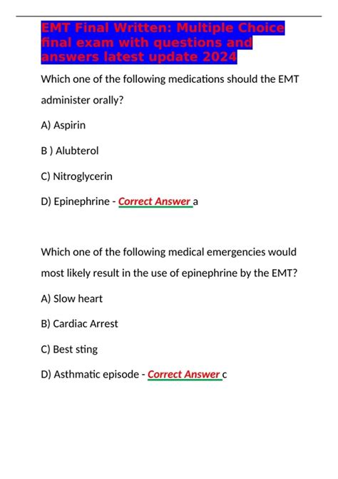 EMT Final Written Multiple Choice Final Exam With Questions And Answers Latest Update