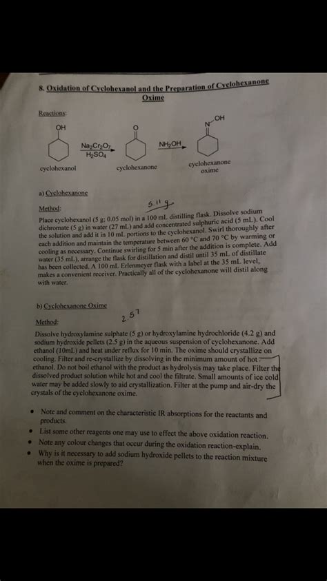 Solved 8 Oxidation Of Cyclohexanol And The Preparation Of