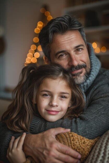 Father And Daughter Hugging In The Couch Living Room For Love Trust Or