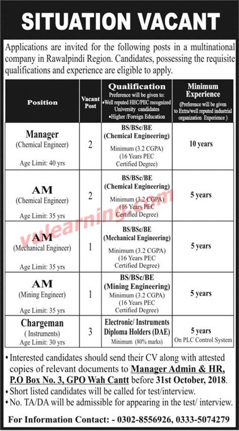 Po Box No 3 Gpo Wah Cantt Jobs 2018 For Assistant Managers Manager