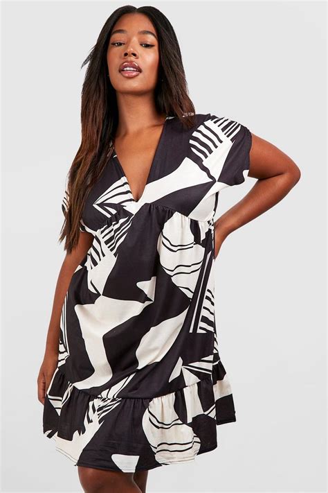 Plus Abstract Printed Jersey Knit Smock Dress Boohoo Usa
