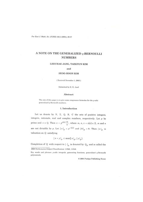 Pdf A Note On The Generalized Q Bernoulli Numbers