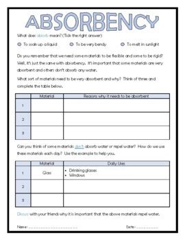 Absorbency Worksheet By Teaching Resources 4 U Tpt