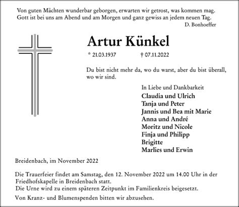 Traueranzeigen von Artur Künkel vrm trauer de