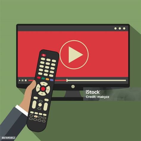 손 들고 원격 제어입니다 Tv 아이콘 개념입니다 텔레비전에 아이콘을 재생 합니다 스마트 Tv 개념입니다 평면 벡터 일러스트 레이