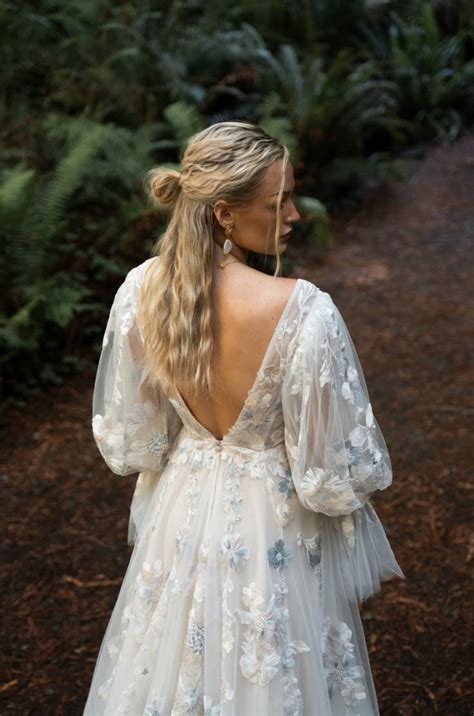 Romantic Floral Lace Boho Wedding Dress With Blouson Sleeves Saylor