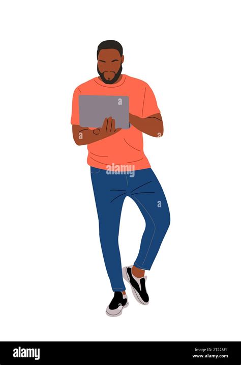 Black Man Working At Laptop Standing Vector Stock Vector Image Art