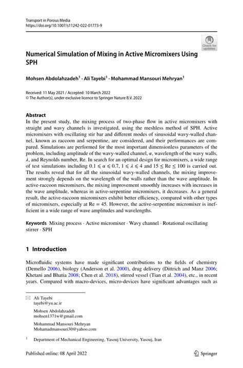 PDF Numerical Simulation Of Mixing In Active Micromixers Using SPH