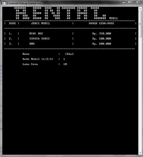 Contoh Program Rental Mobil Menggunakan Bahasa C