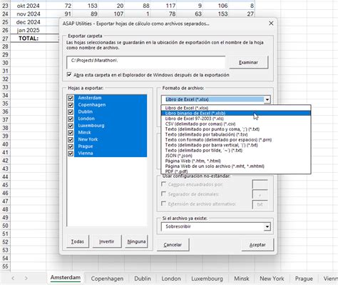ASAP Utilities for Excel Hojas Exportar hojas de cálculo como archivos separados ASAP