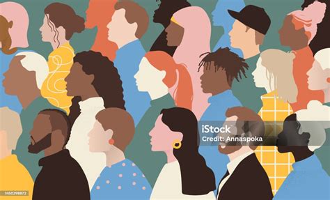 다른 사람들의 그룹 남자와 여자 프로필 실루엣 다양한 사회 문화적 정체성 다양한 종교적 신념과 성적 취향 국가 통합의 추상적인 그림 다민족 그룹에 대한 스톡 벡터 아트 및