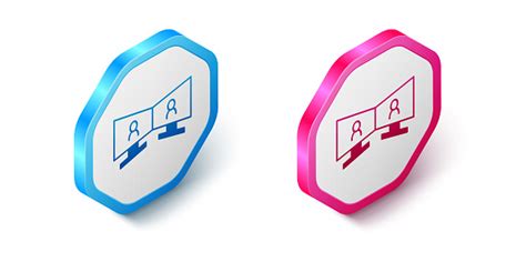 흰색 배경에 격리 된 등소 측정 비디오 채팅 회의 아이콘 온라인 미팅 업무양식홈 원격 프로젝트 관리 육각 버튼 벡터 3차원 형태에 대한 스톡 벡터 아트 및 기타 이미지