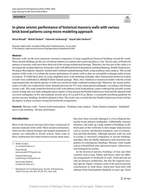 In Plane Seismic Performance Of Historical Masonry Walls With Various Brick Bond Patterns Using