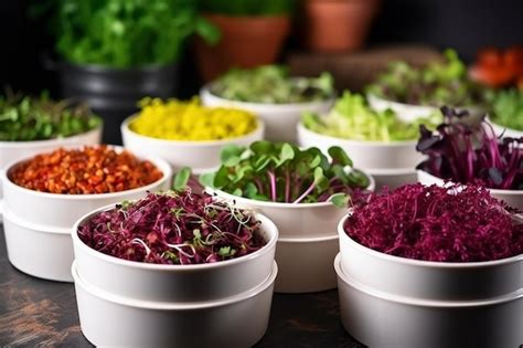 Assorted Organic Microgreens In Bowls Display Premium Ai Generated Image