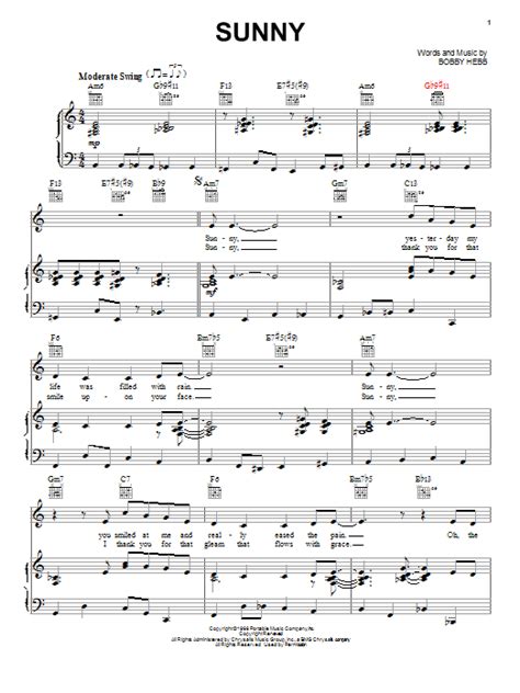 Sunny Sheet Music By Bobby Hebb Piano Vocal And Guitar Right Hand