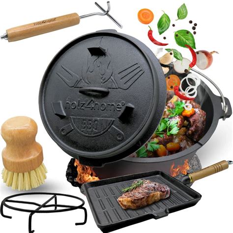 Dutch Oven Set 6 Teilig I Eingebrannter Feuertopf 9l Aus Gusseisen I
